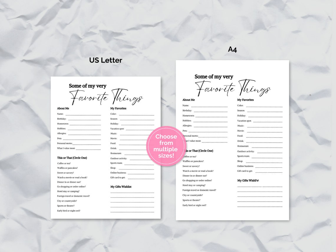 My Favorite Things List Survey Printable, All About Me Questionnaire ...
