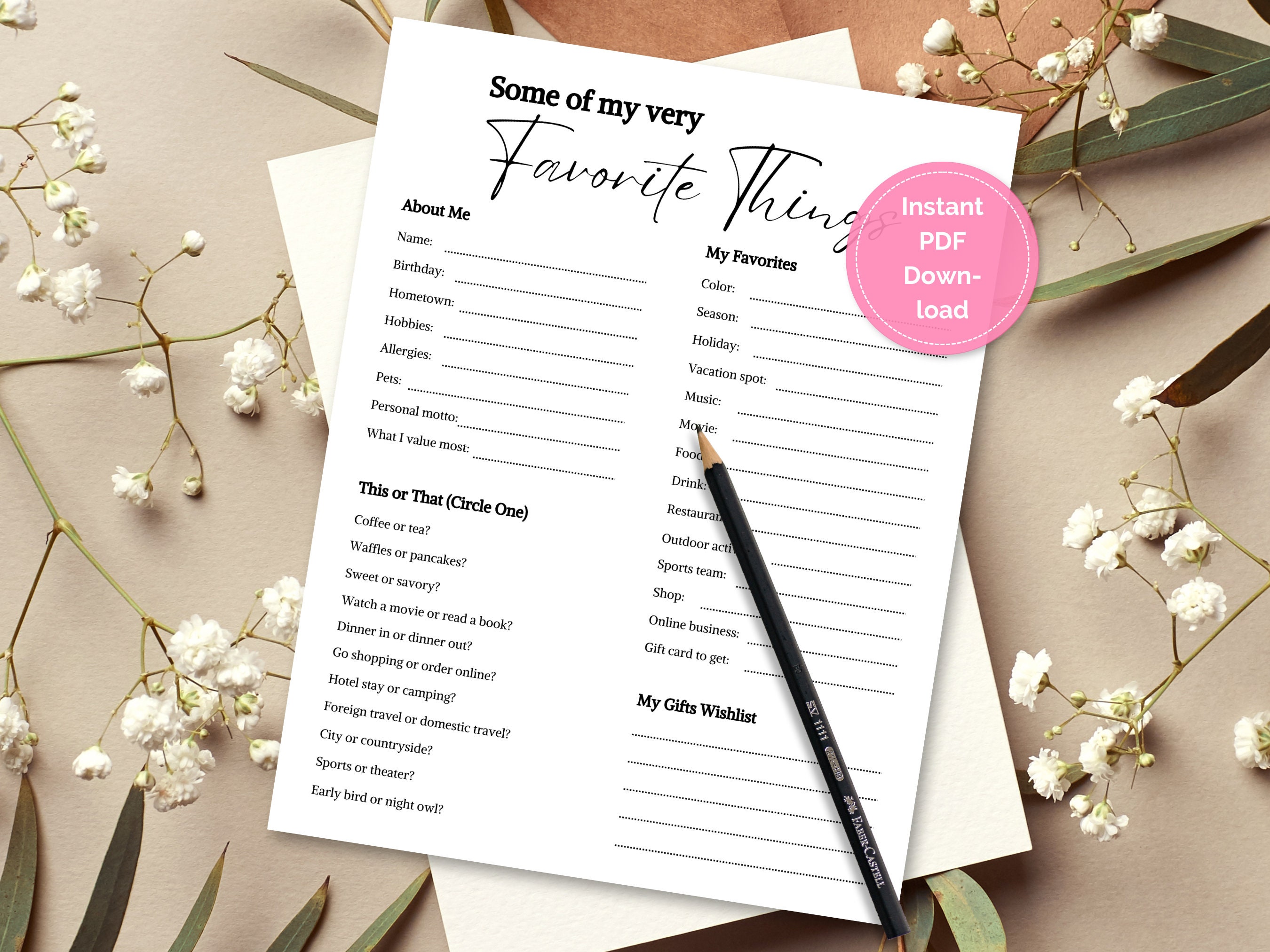 My Favorite Things List Survey Printable, All About Me Questionnaire ...