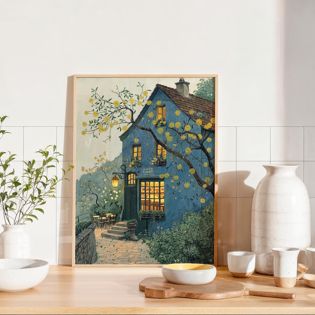 Cozy Bakery Art Print – Warm Evening Cottage Bakery Illustration, Cafe ...