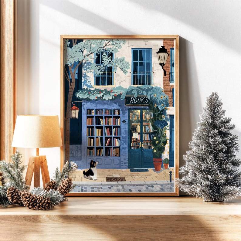 Bookshop Wall Art – Cozy Bookstore Illustration Print With Dog ...