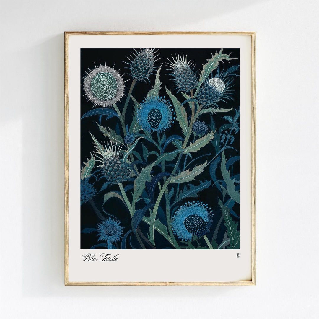 Blue Thistle Floral Art Print, Rustic Block Print, Modern Kitchen Wall ...