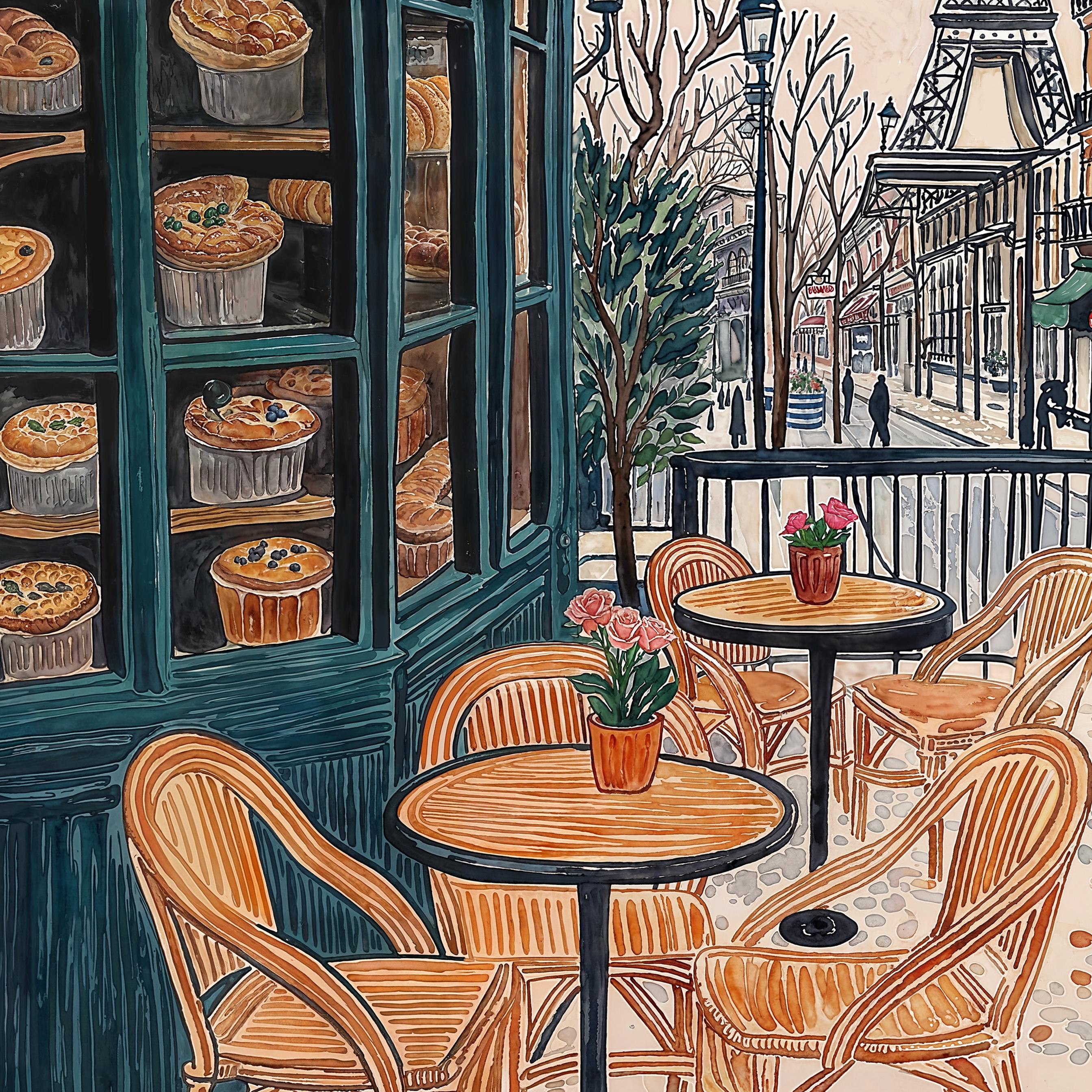 Paris Cafe Digital Art Print, French Pastries Watercolor Illustration ...