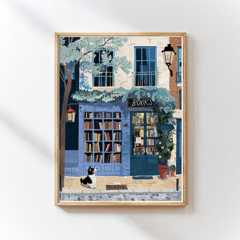 Bookshop Wall Art – Cozy Bookstore Illustration Print With Dog ...
