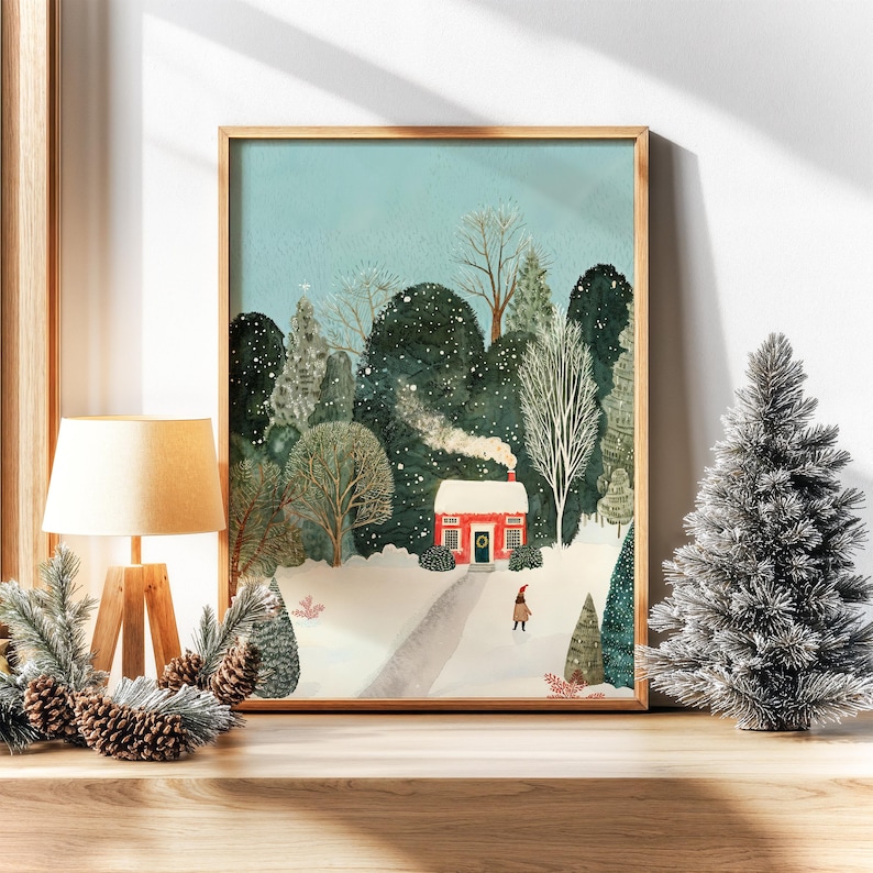 Cozy Winter Cabin Art Print – Christmas Wall Poster, Snowy Forest ...