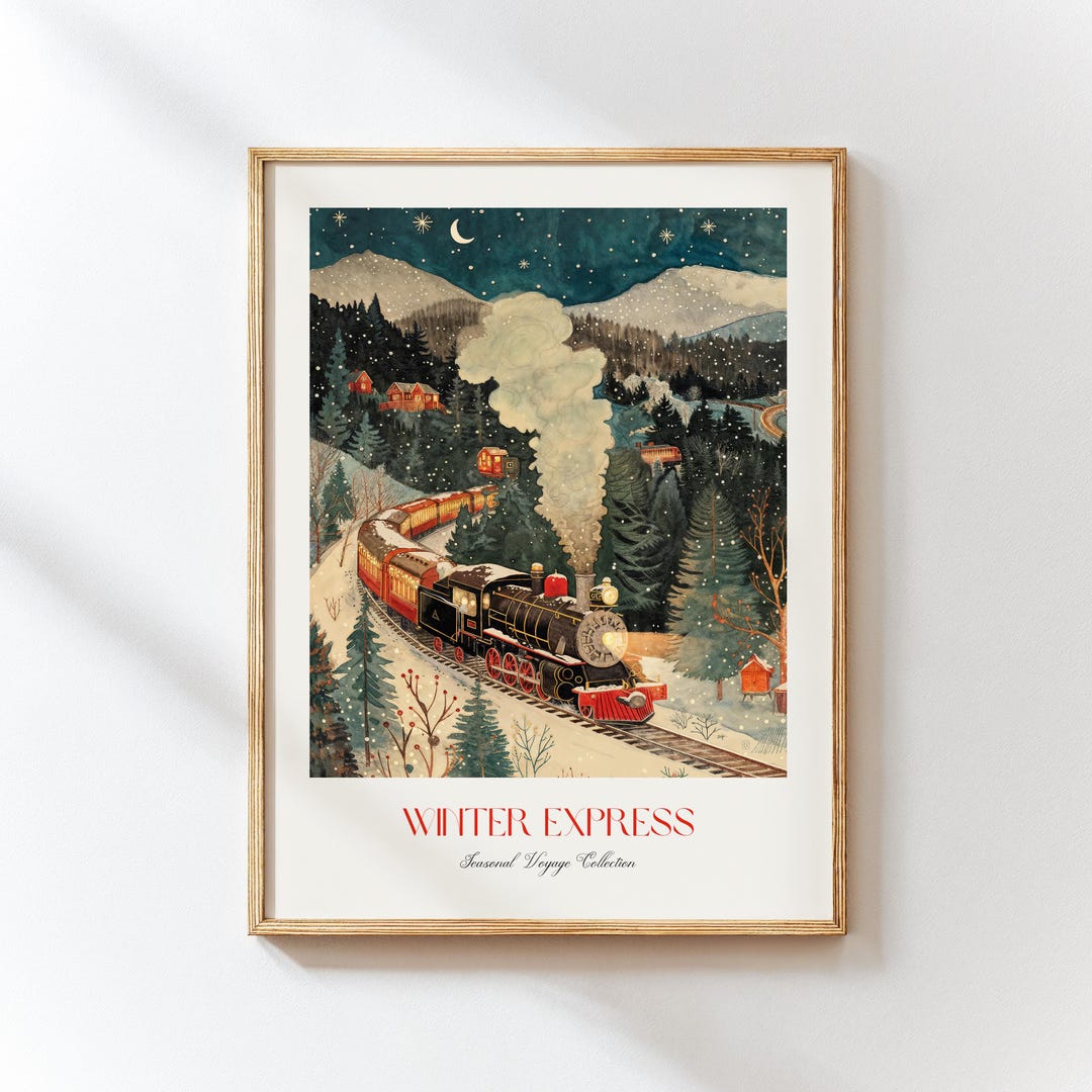 Christmas Train Art Print – Vintage Winter Wall Art, Cozy Holiday Home ...