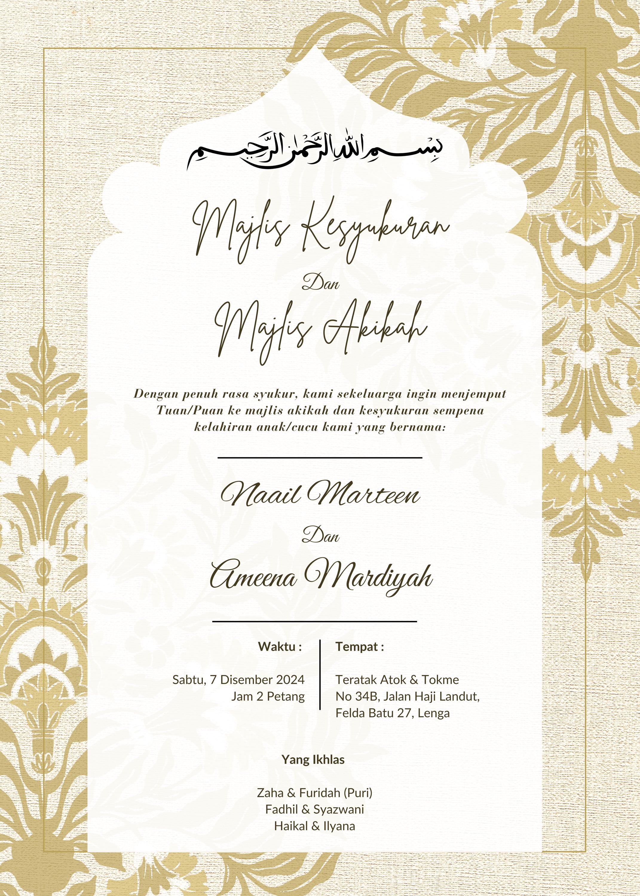 Beige and Yellow Traditional Design Akikah Invitation, Majlis Akikah ...