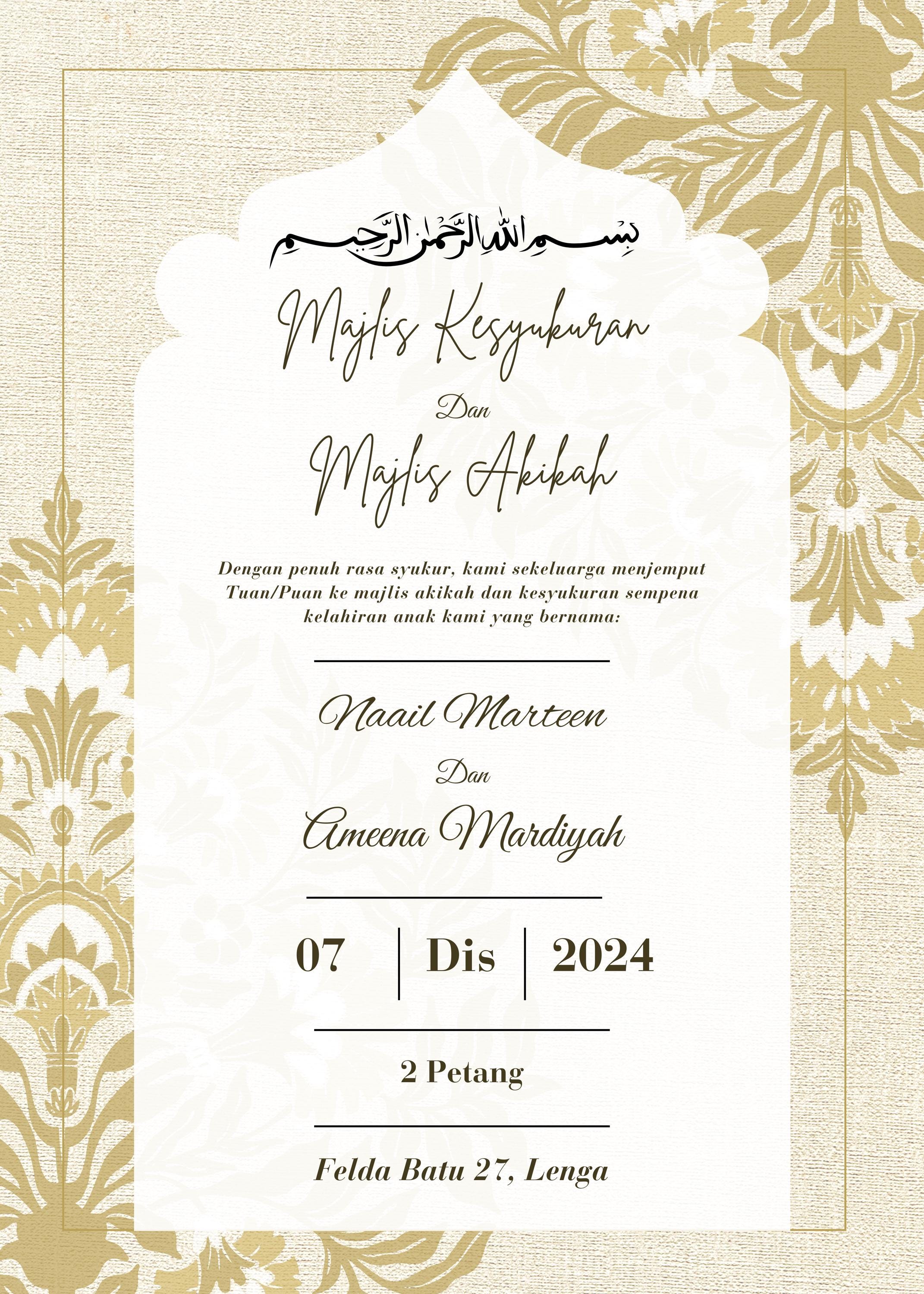 Beige and Yellow Traditional Design Akikah Invitation, Majlis Akikah ...