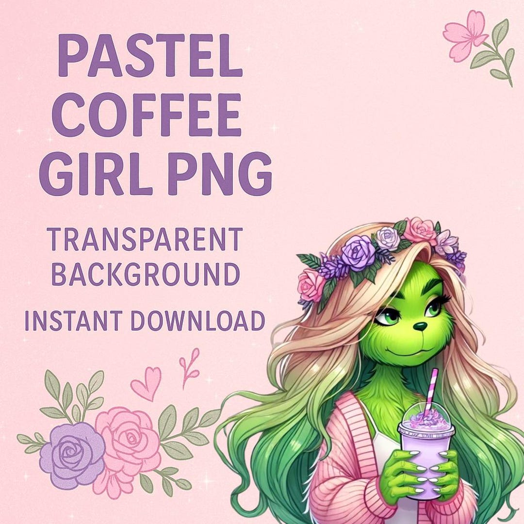 Pastel Flower Crown Grinch Girl PNG – Green Glam Character With Purple ...