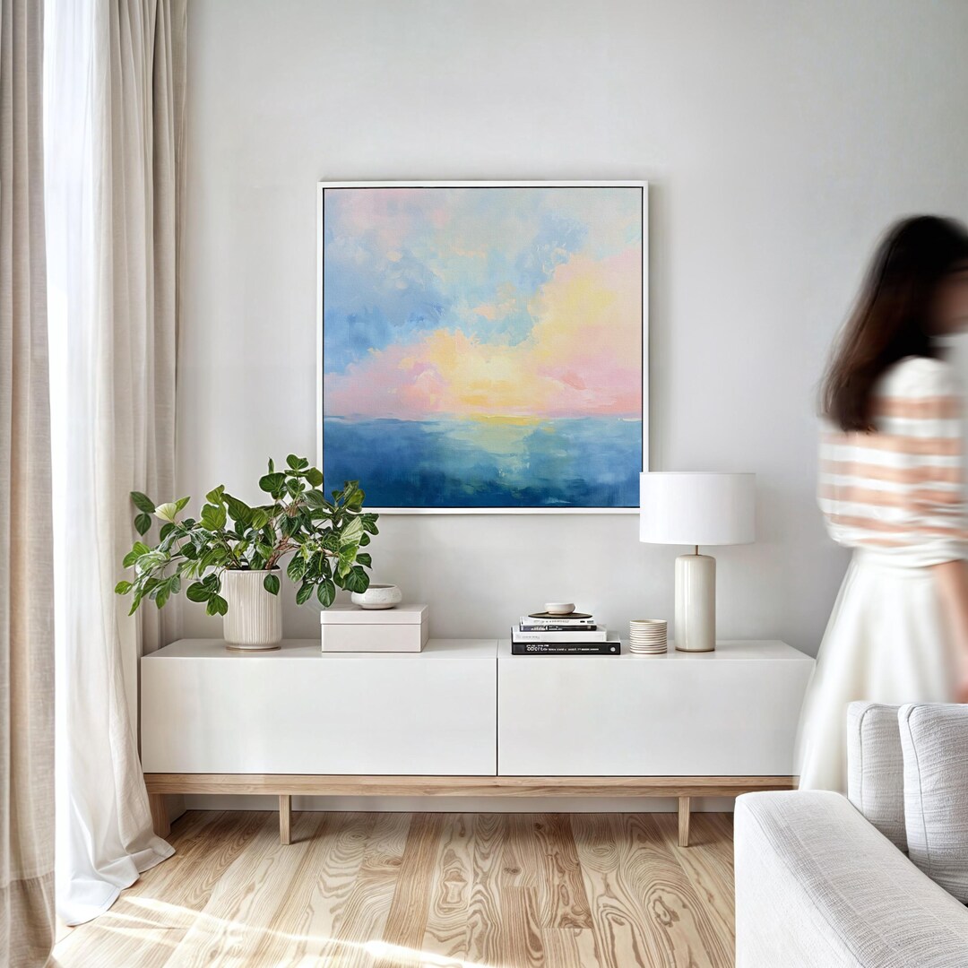 Printable Abstract Sunrise Over the Sea, Digital Art Print, Pink, Blue ...