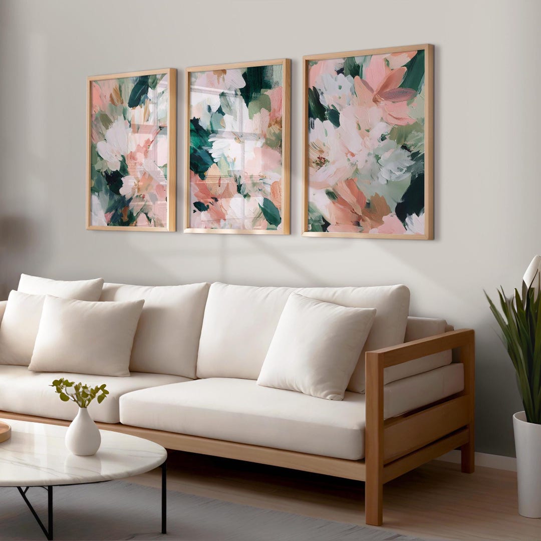 Abstract Botanical Prints Set: Pink & Green Floral Wall Art (digital ...