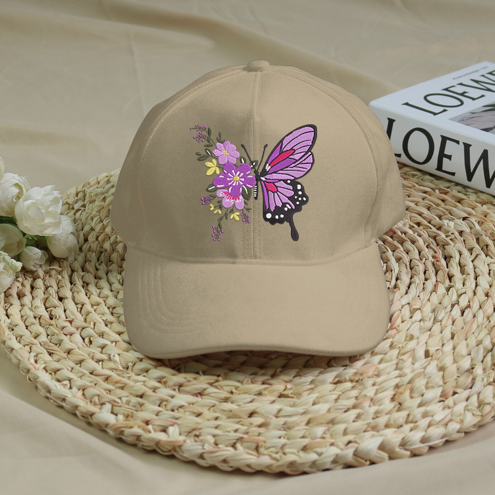 Flowers Monarch Butterfly Embroidery Cap Wildflowers Embroidered Hat ...