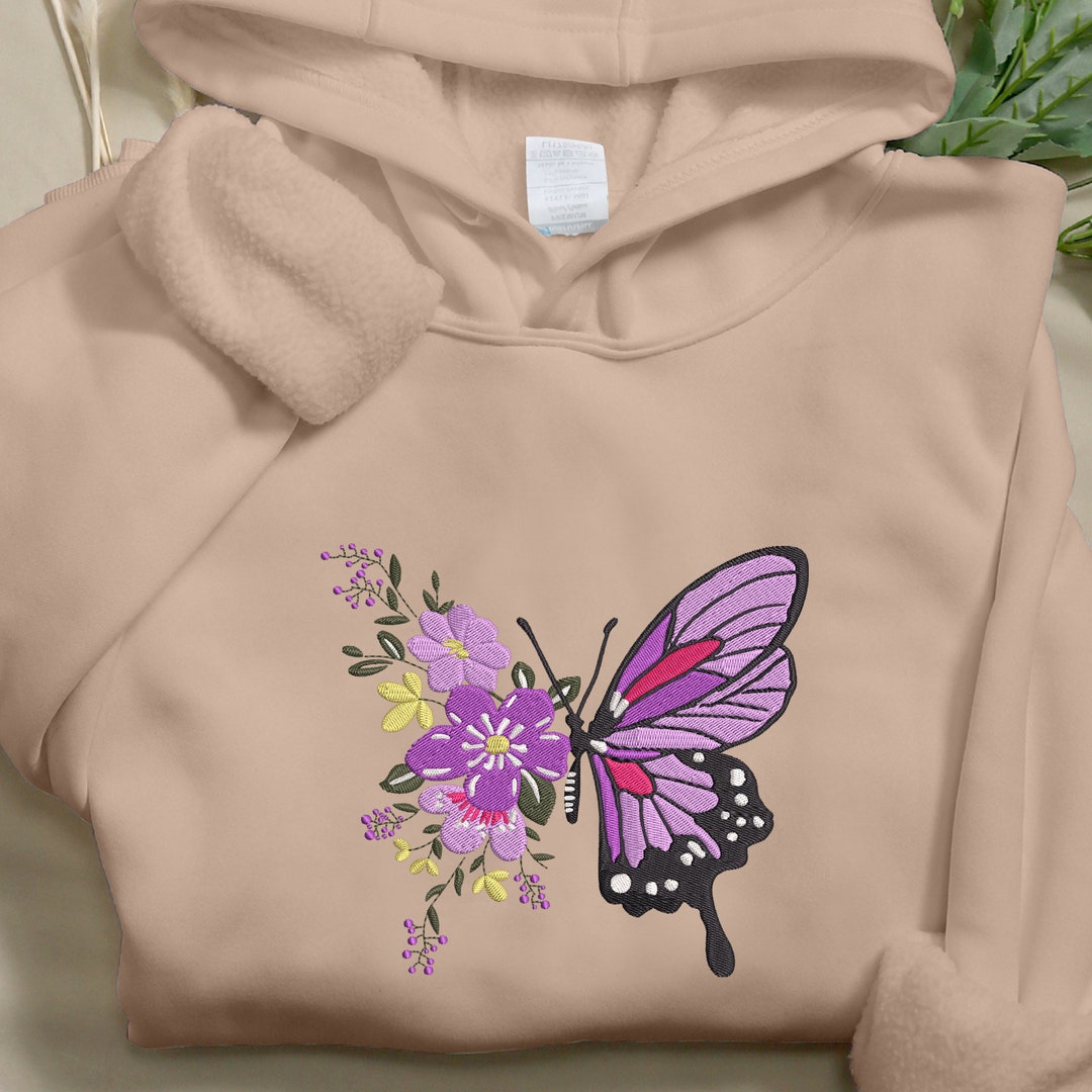 Flowers Monarch Butterfly Embroidery Hoodie Personalized Butterfly ...