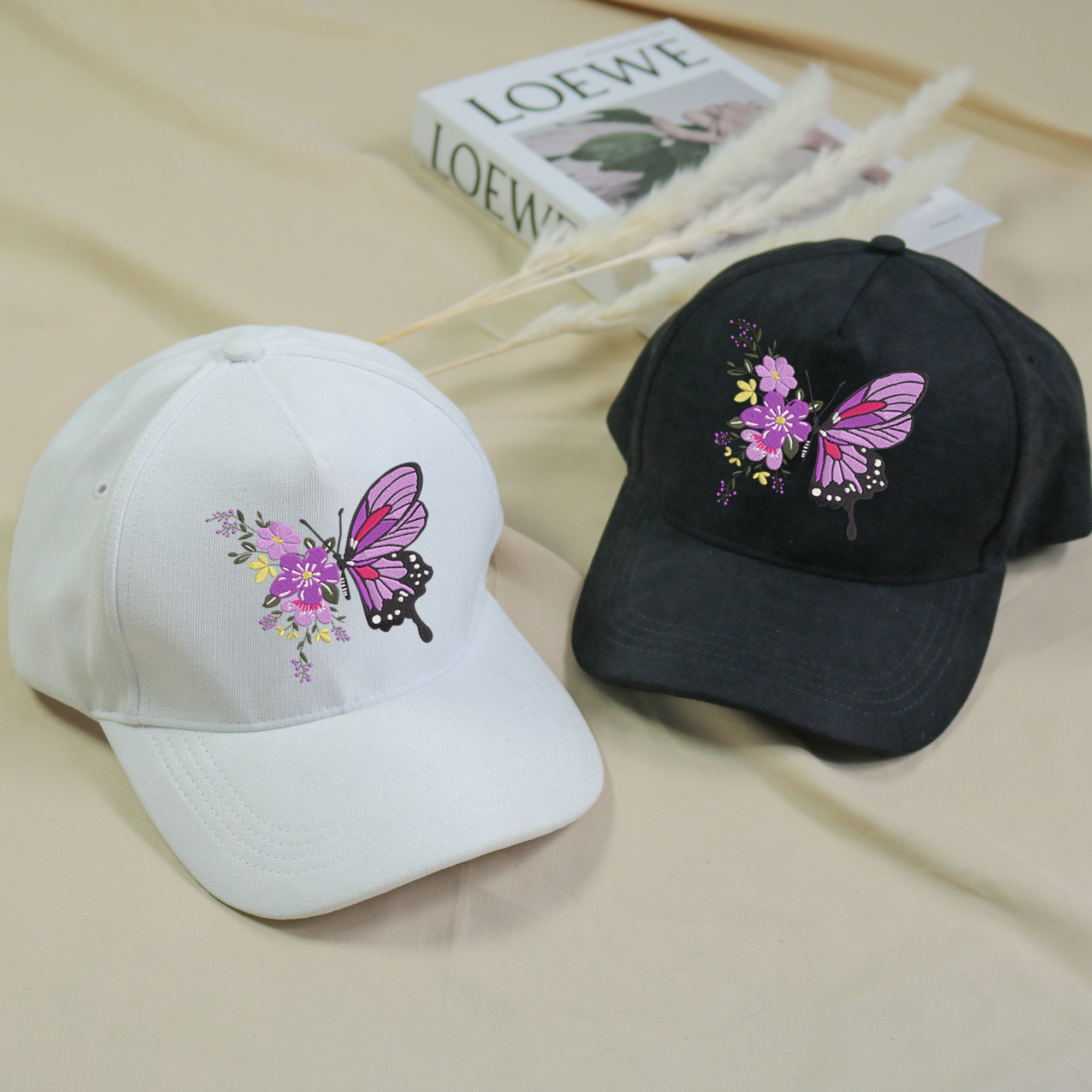 Flowers Monarch Butterfly Embroidery Cap Wildflowers Embroidered Hat ...