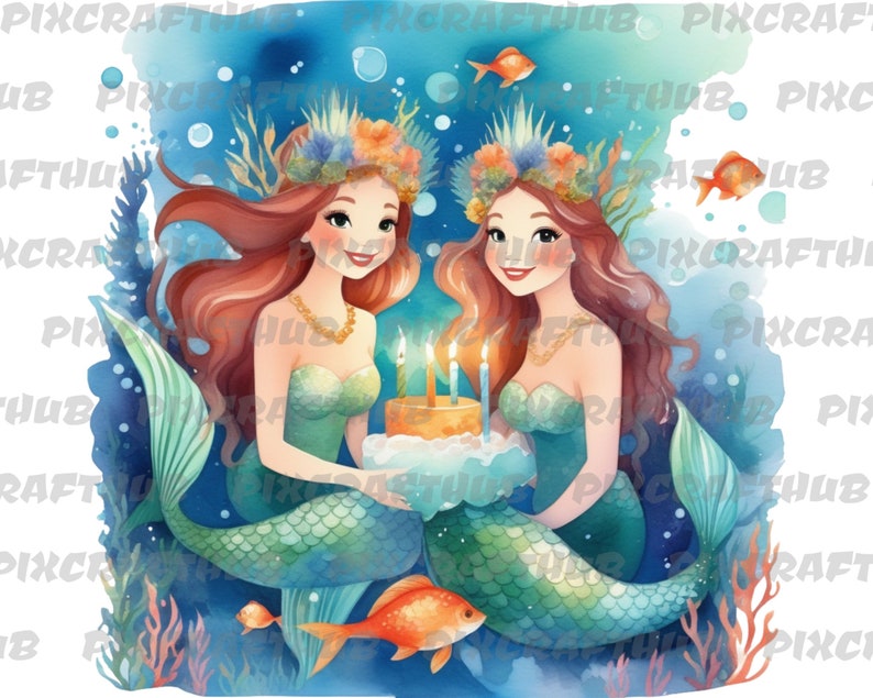 Mermaid Clipart, Birthday Cake Clipart, 4 PNG, Watercolor Fairytale ...