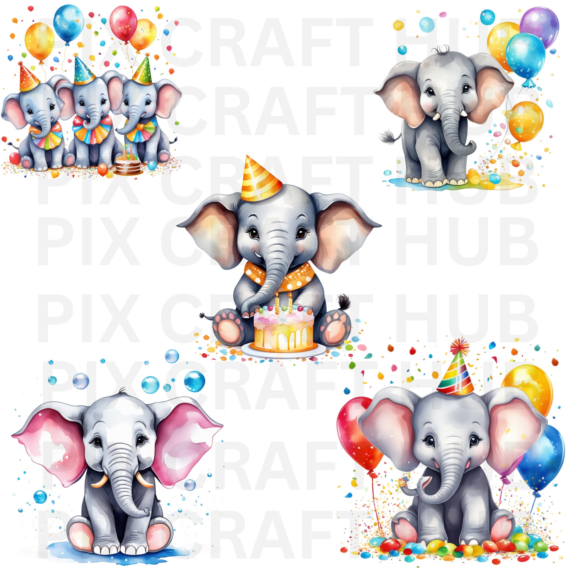 Watercolor Birthday Cute Elephants Clipart, Happy Birthday Card, Party ...