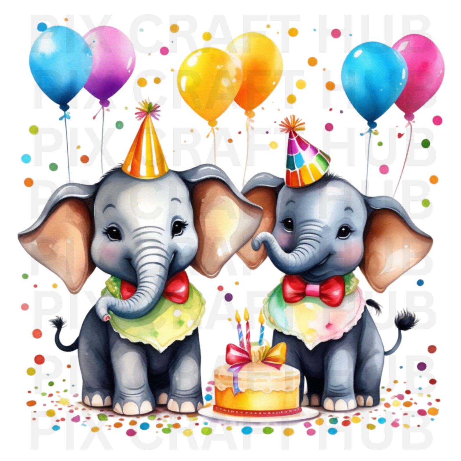 Watercolor Birthday Cute Elephants Clipart, Happy Birthday Card, Party ...