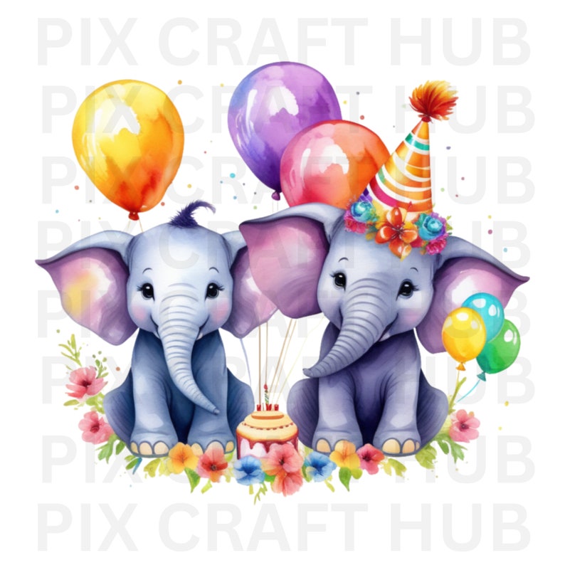 Watercolor Birthday Cute Elephants Clipart, Happy Birthday Card, Party ...