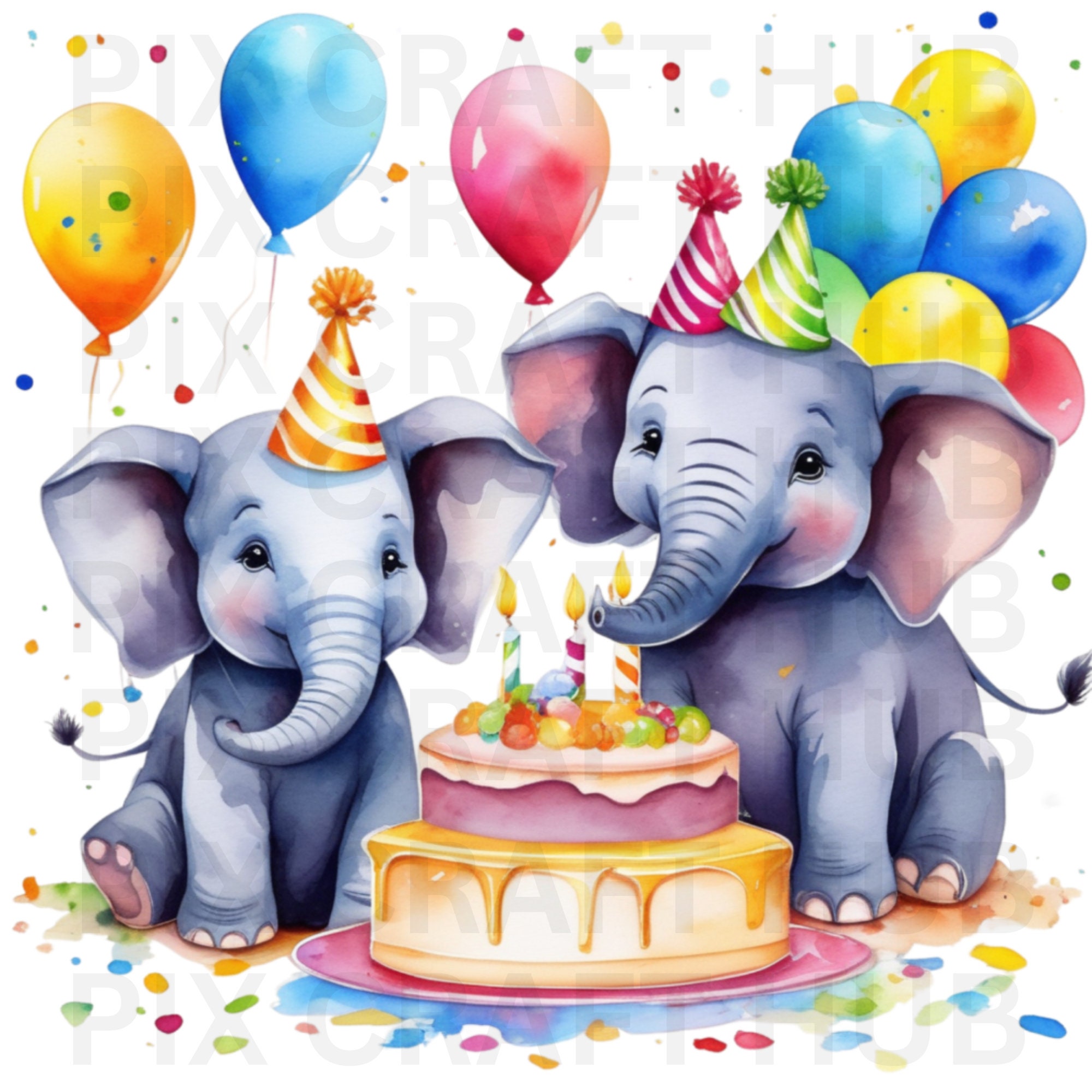 Watercolor Birthday Cute Elephants Clipart, Happy Birthday Card, Party ...