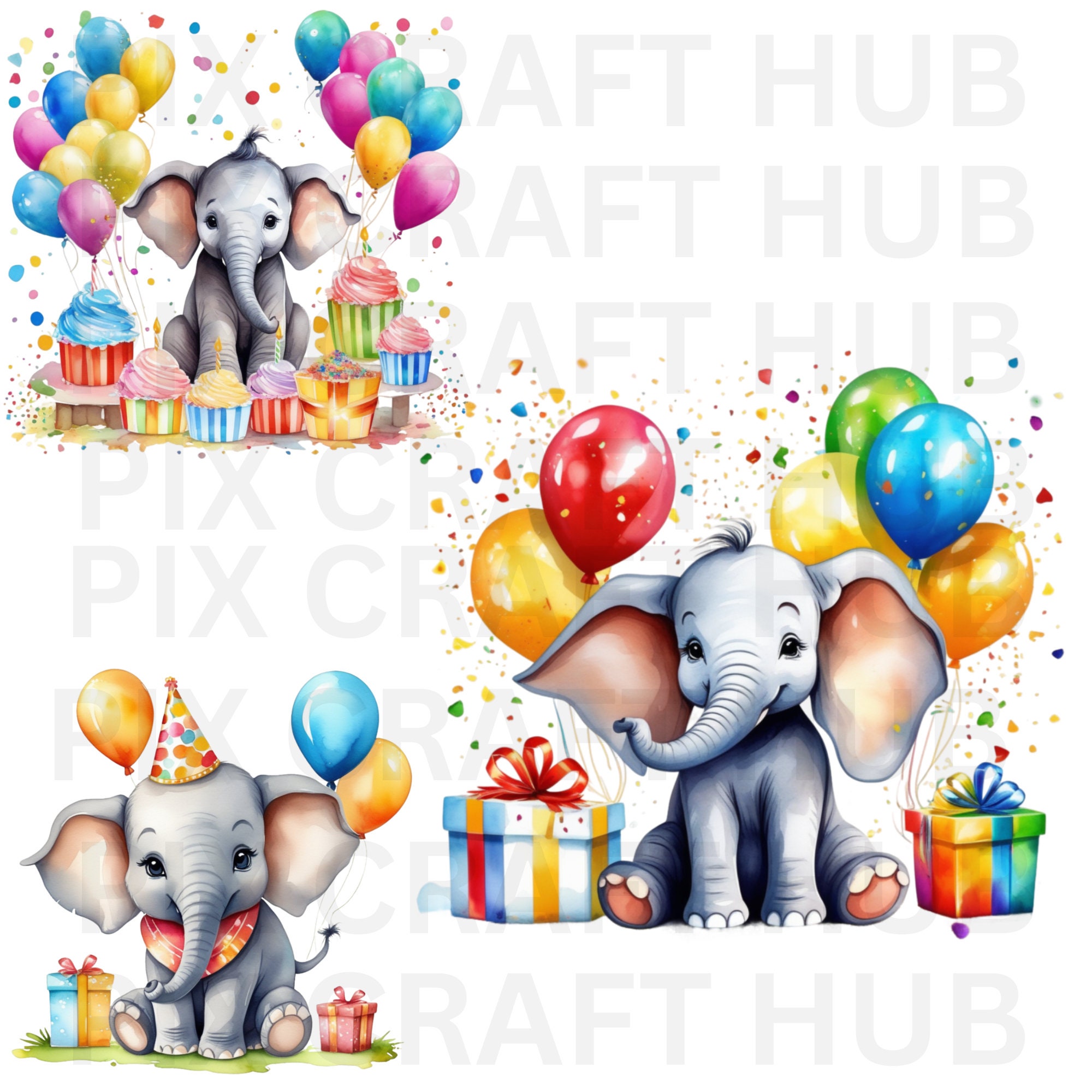 Watercolor Birthday Cute Elephants Clipart, Happy Birthday Card, Party ...
