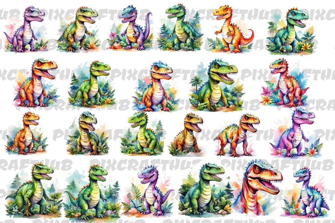 Watercolor Cute Dinosaur Clipart Bundle, Playful Dino Transparent Pngs ...