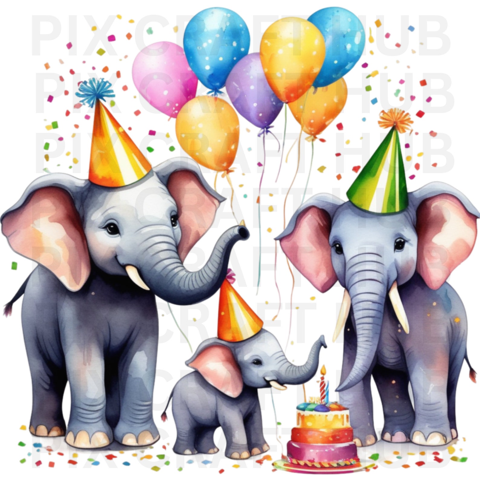 Watercolor Birthday Cute Elephants Clipart, Happy Birthday Card, Party ...
