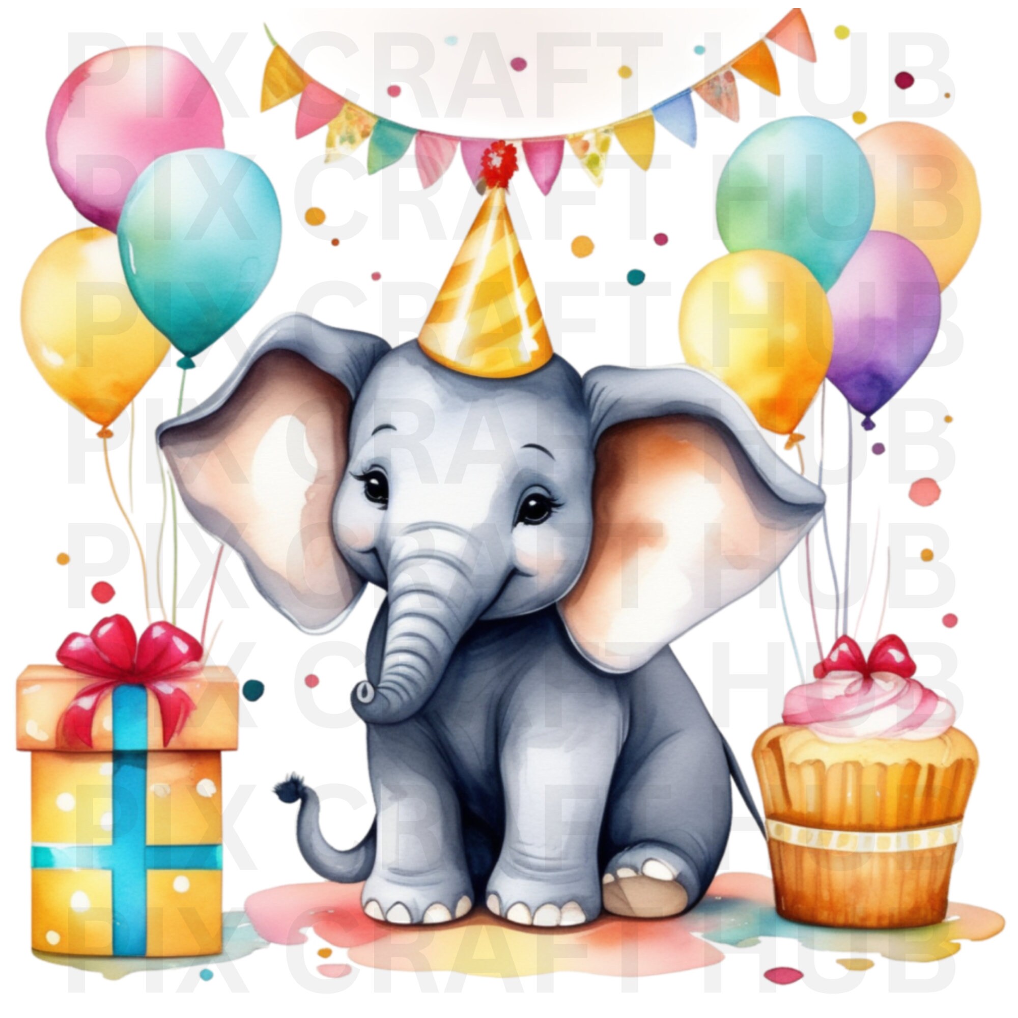 Watercolor Birthday Cute Elephants Clipart, Happy Birthday Card, Party ...