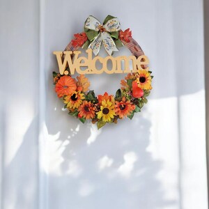 Fall Theme Door Decorations Pumpkins Sunflowers Welcome Autumn Wreath ...
