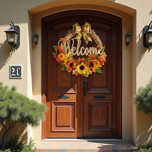 Fall Theme Door Decorations Pumpkins Sunflowers Welcome Autumn Wreath ...