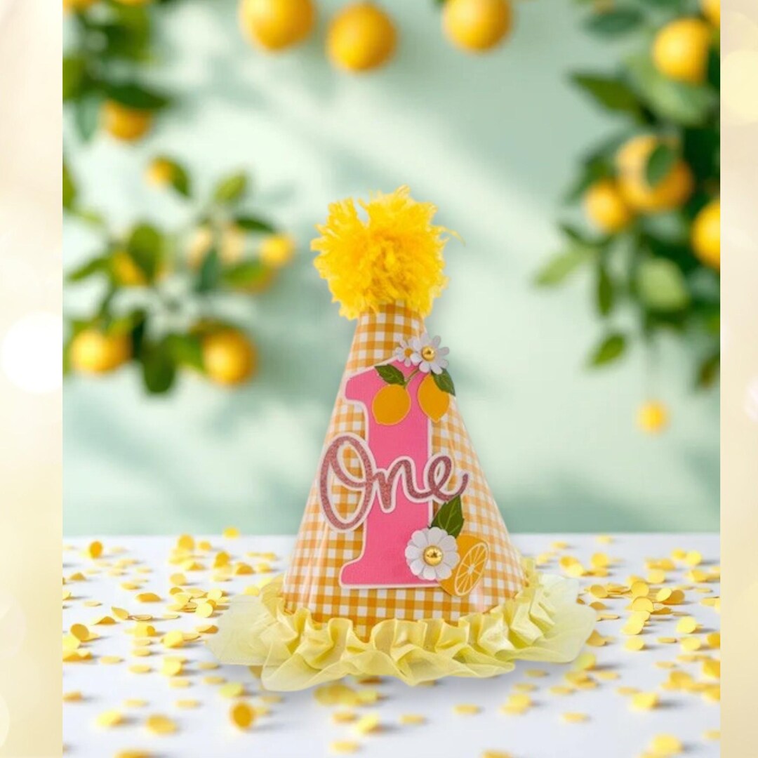 Pink and Yellow Lemon Birthday Party Hat Lemon Decor Lemon Party Banner ...