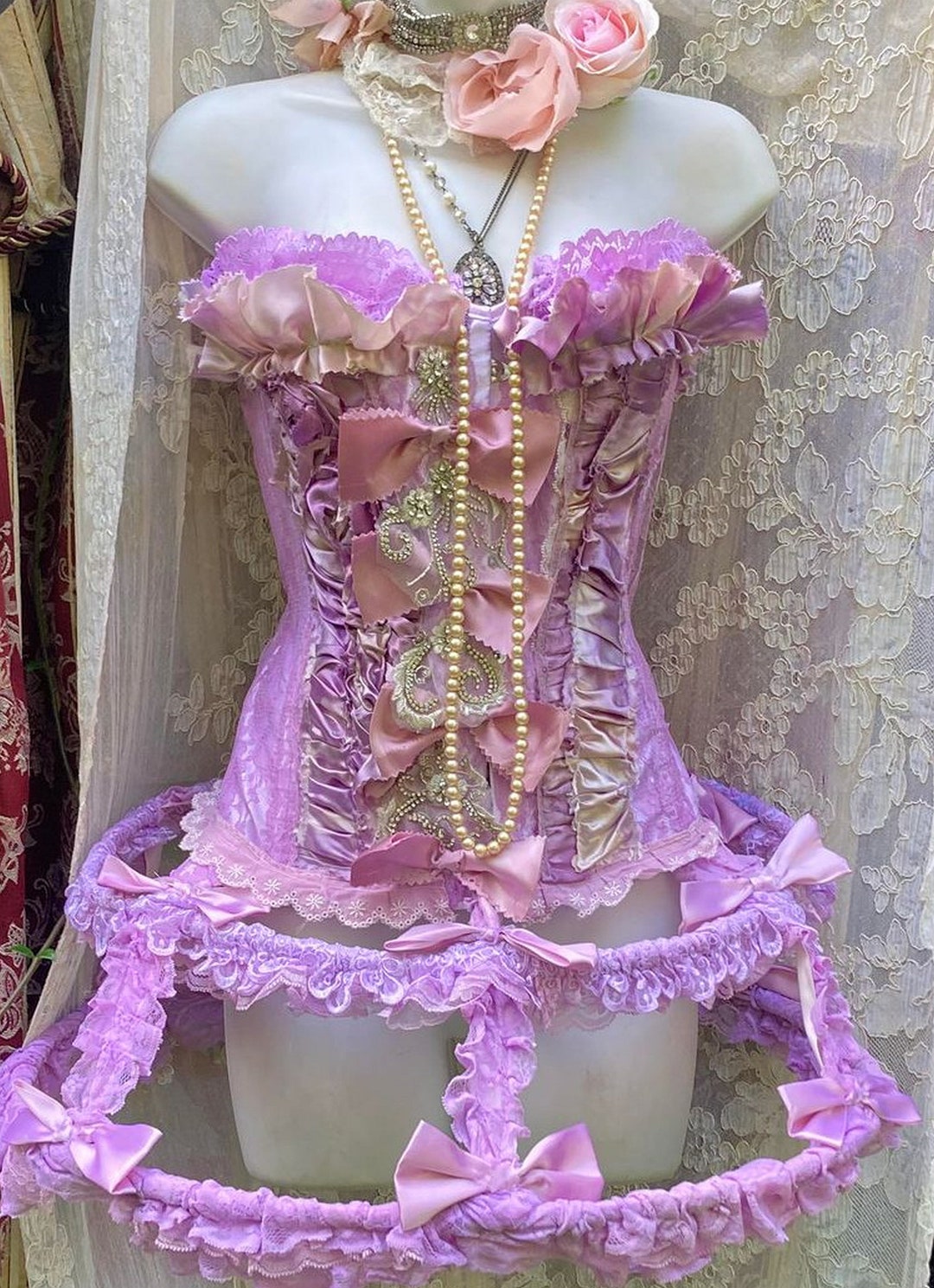 French Rococo Costume Marie Antoinette Purple Pink Corset Cage Skirt ...