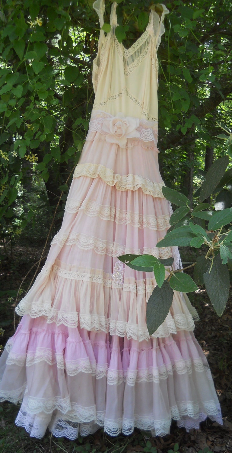 Pink Ruffle Dress Boho Maxi Ruffles Romantic Lace Roses - Etsy
