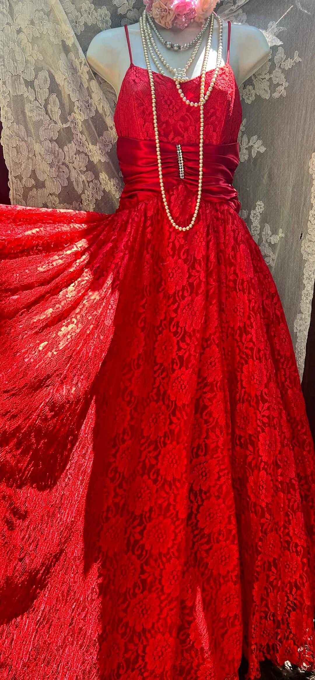 Red Lace Dress , Vintage Vampy Gown , Halloween Costume , Stage Dance ...