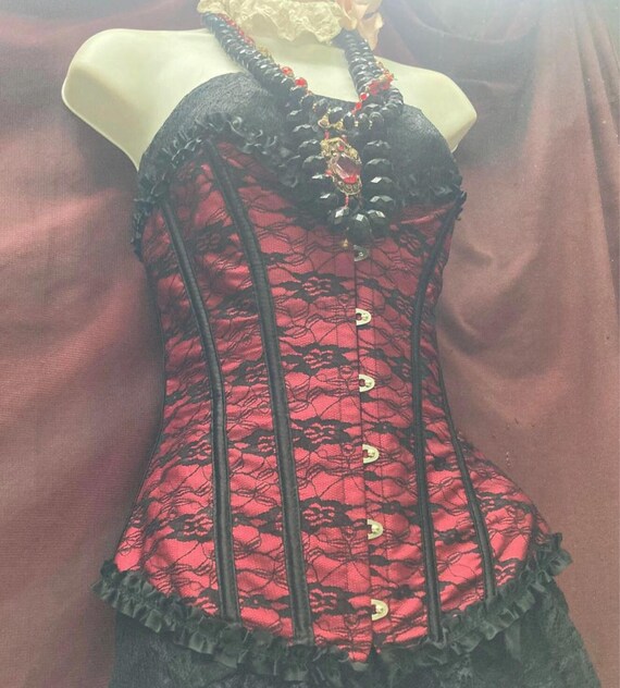 Red black corset lace satin pin up burlesque bustie… - Gem