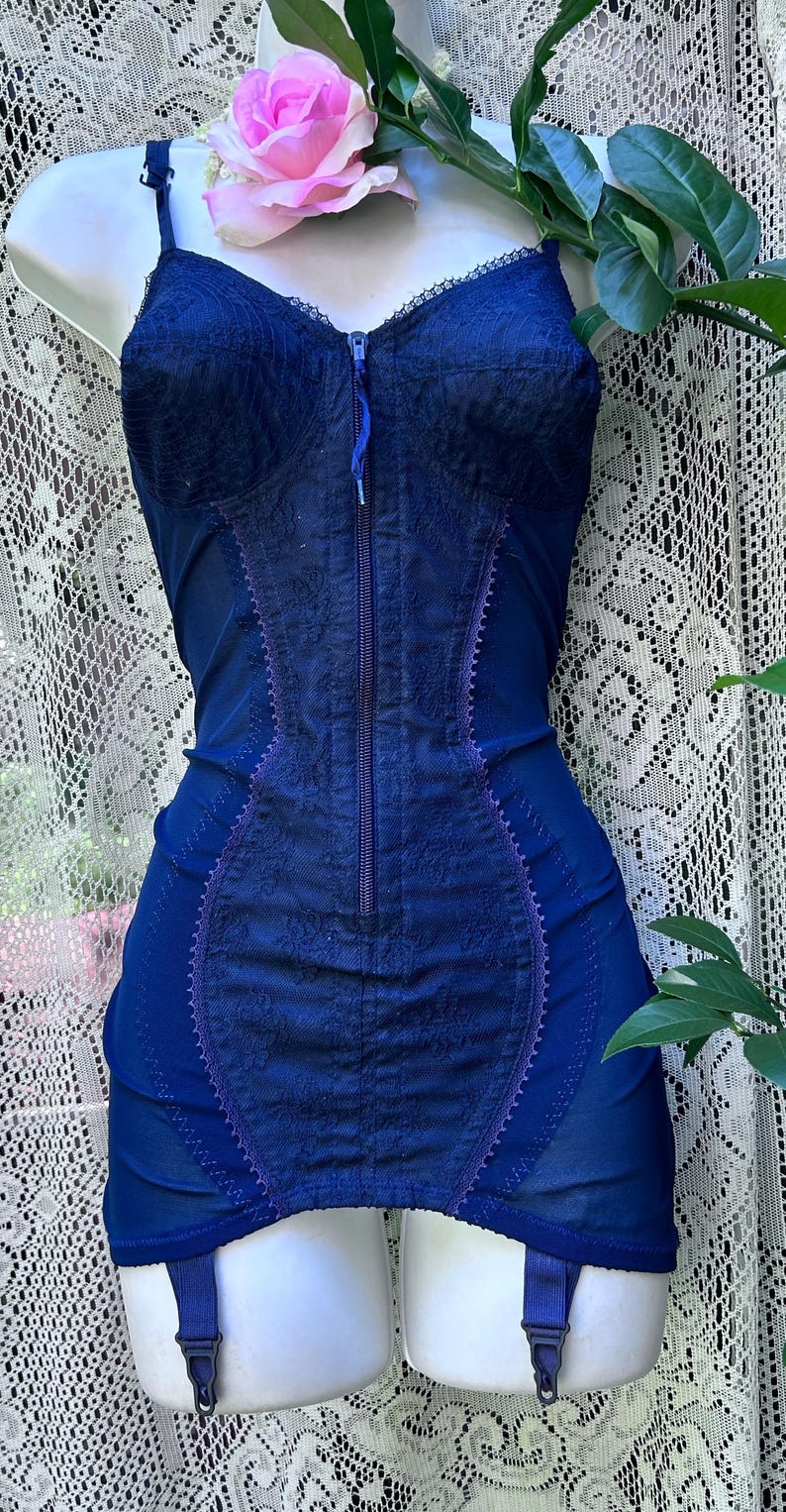 Blue Vintage Girdle , Navy Body Shaper 60s Lacey Bodysuit, Lingerie ...