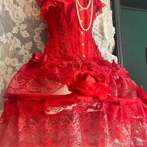 Red Marie Antoinette Costume Corset Cage Skirt Rococo Roses Bow Scarlet ...