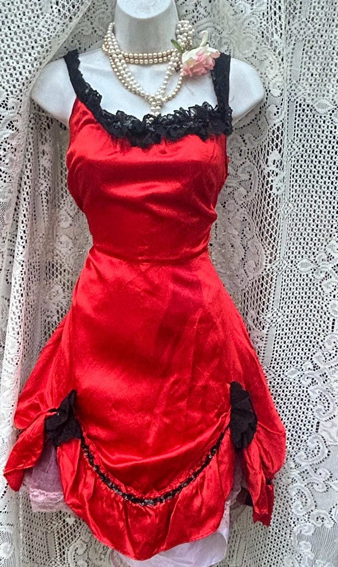 Red Satin Dress Vintage Saloon Girl Costume Stage Dance Victorian 19th ...