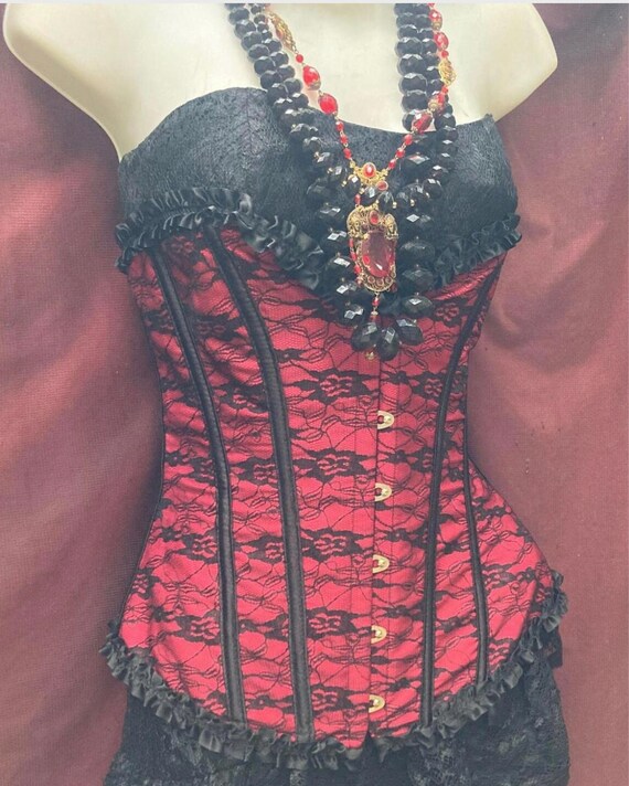 Red black corset lace satin pin up burlesque bustie… - Gem
