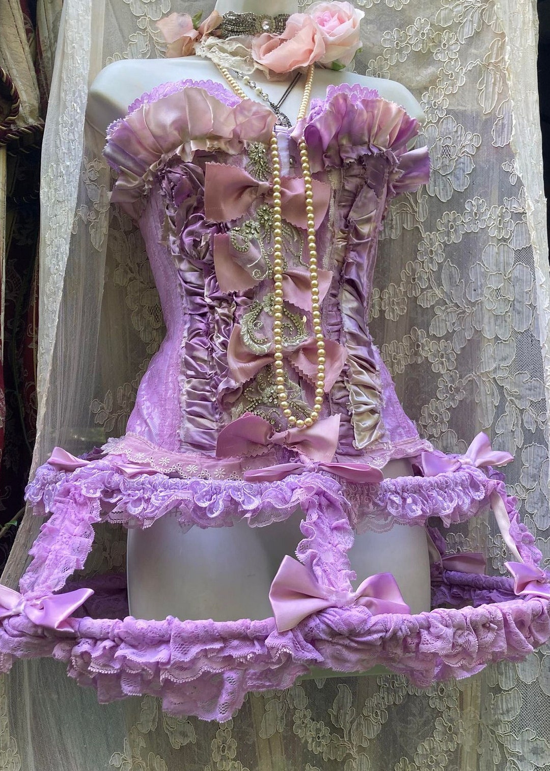 French Rococo Costume Marie Antoinette Purple Pink Corset Cage Skirt ...