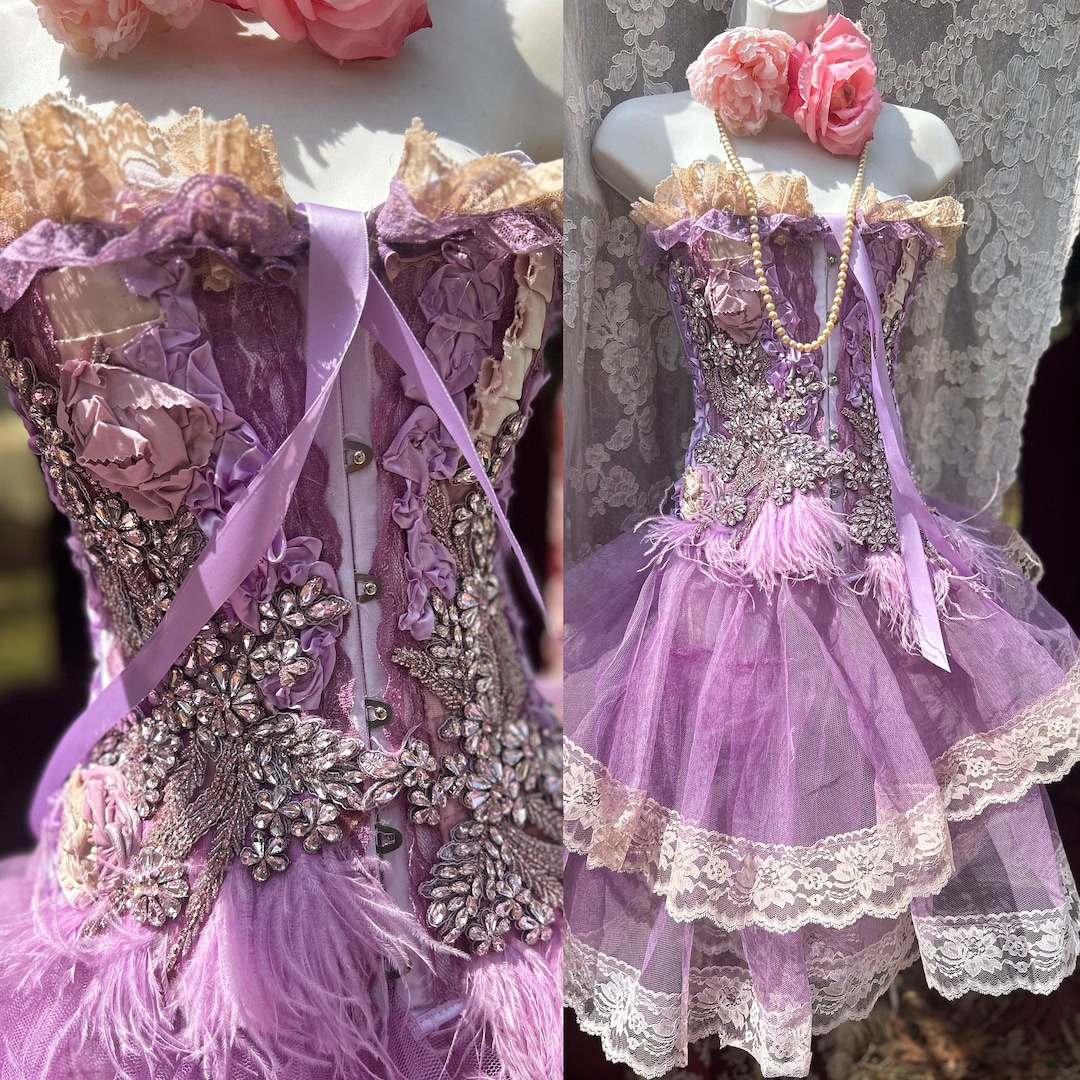 Purple Corset Tutu Lace Roses Rhinestones Feathers Burlesque Drag Stage ...