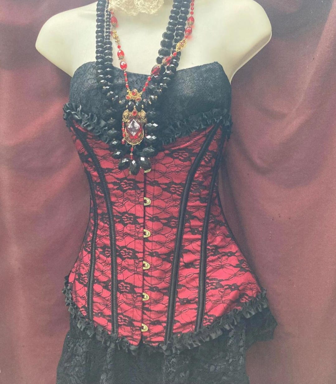 Red Black Corset Lace Satin Pin up Burlesque Bustier, Boned Corset Top ...