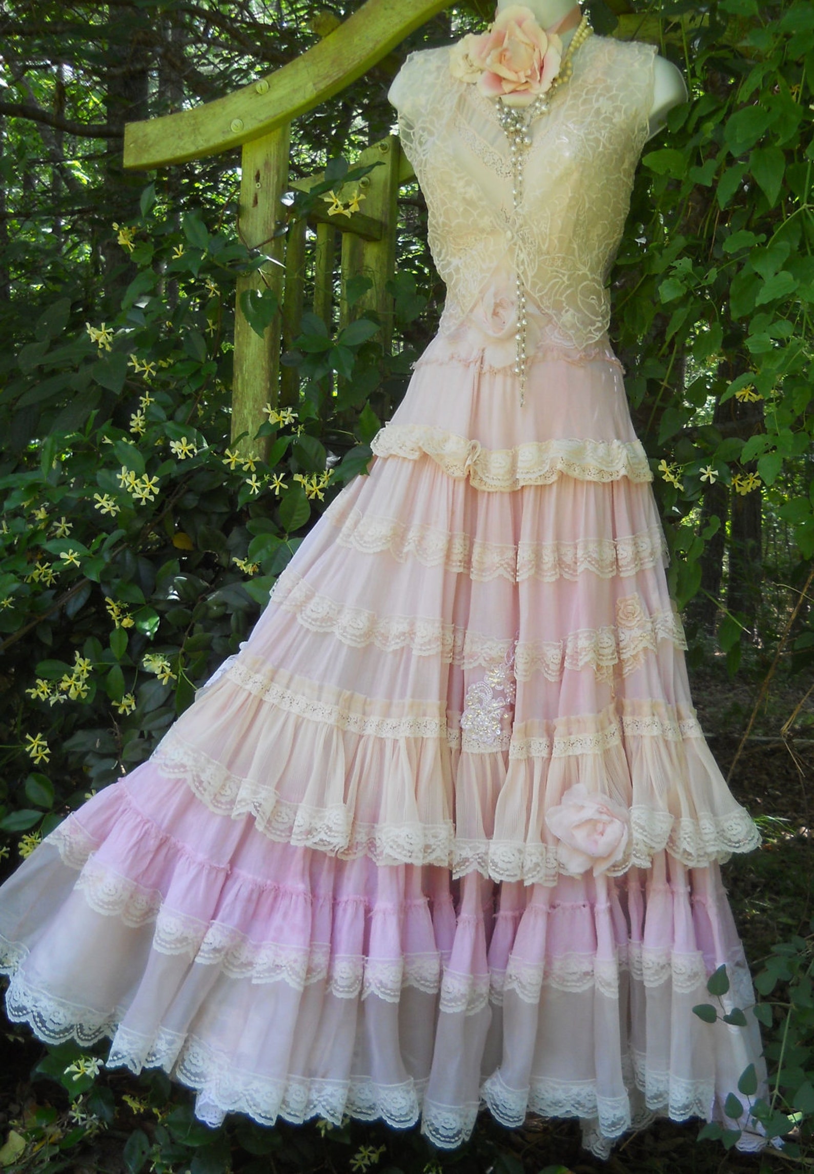 Pink Ruffle Dress Boho Maxi Ruffles Romantic Lace Roses - Etsy