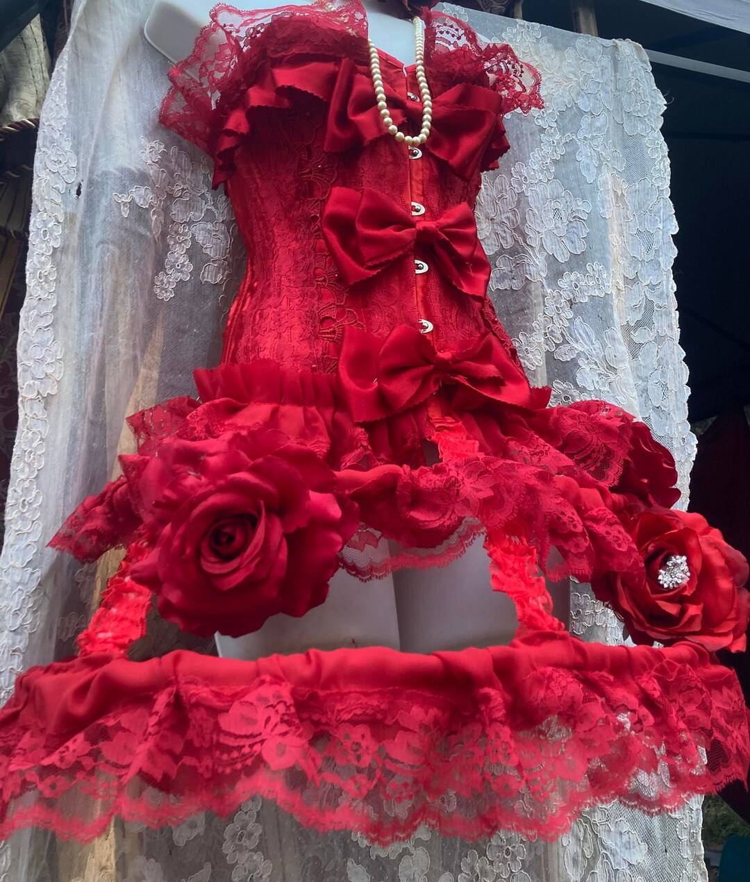 Red Marie Antoinette Costume Corset Cage Skirt Rococo Roses Bows Burlesque Drag Valentine Small ...