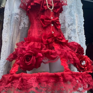 Red Marie Antoinette Costume Corset Cage Skirt Rococo Roses Bow ...