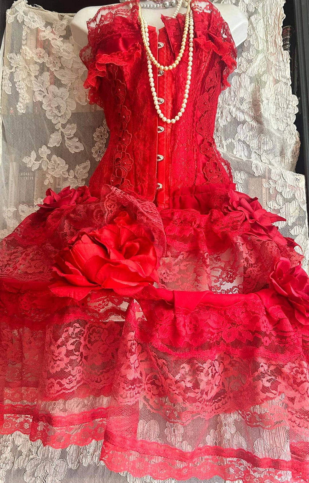 Red Marie Antoinette Costume Corset Cage Skirt Rococo Roses Bow Scarlet ...