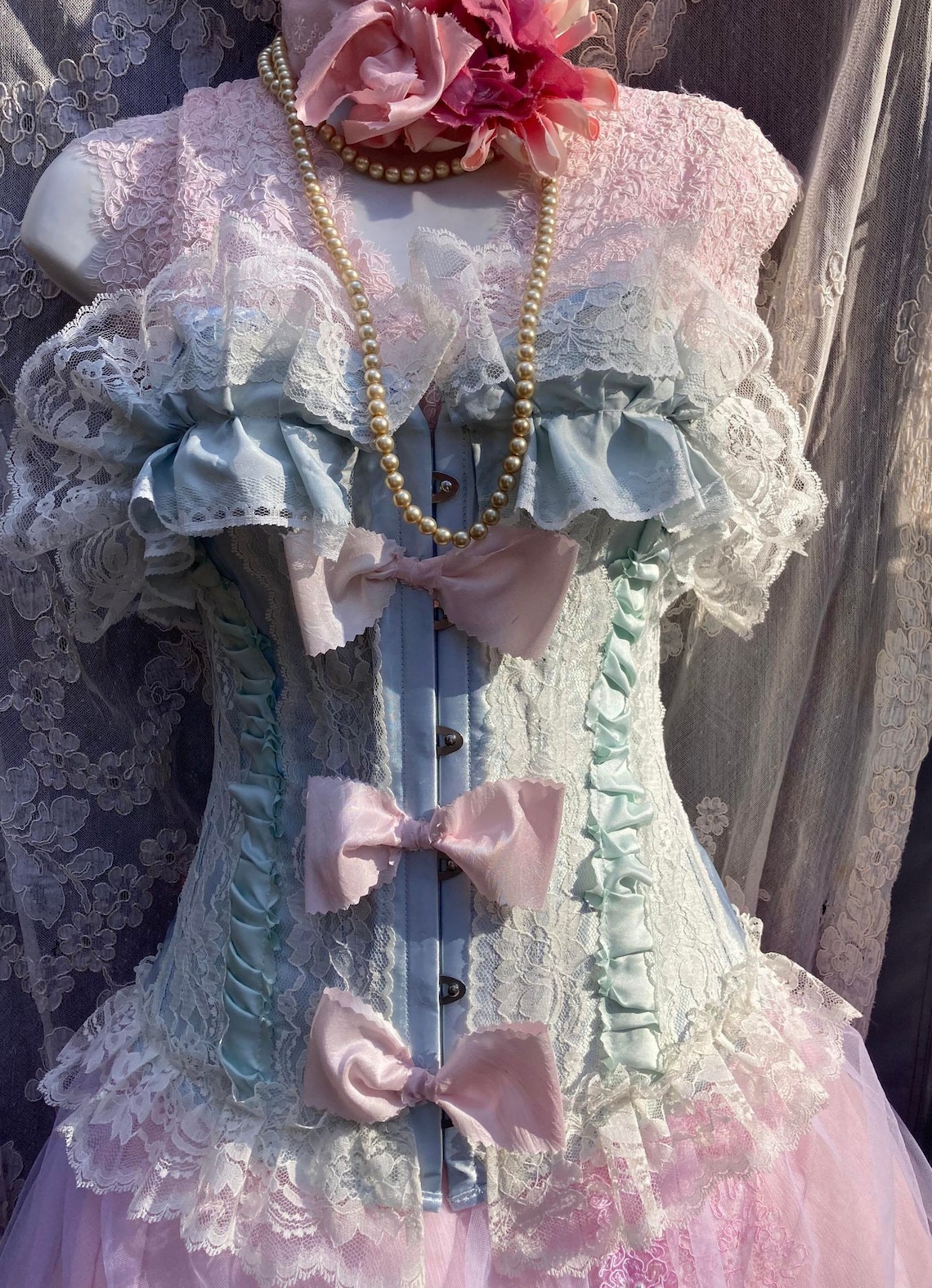 Pale Blue Corset Lace Ruffles Pink Bows Marie Antoinette Rococo French ...