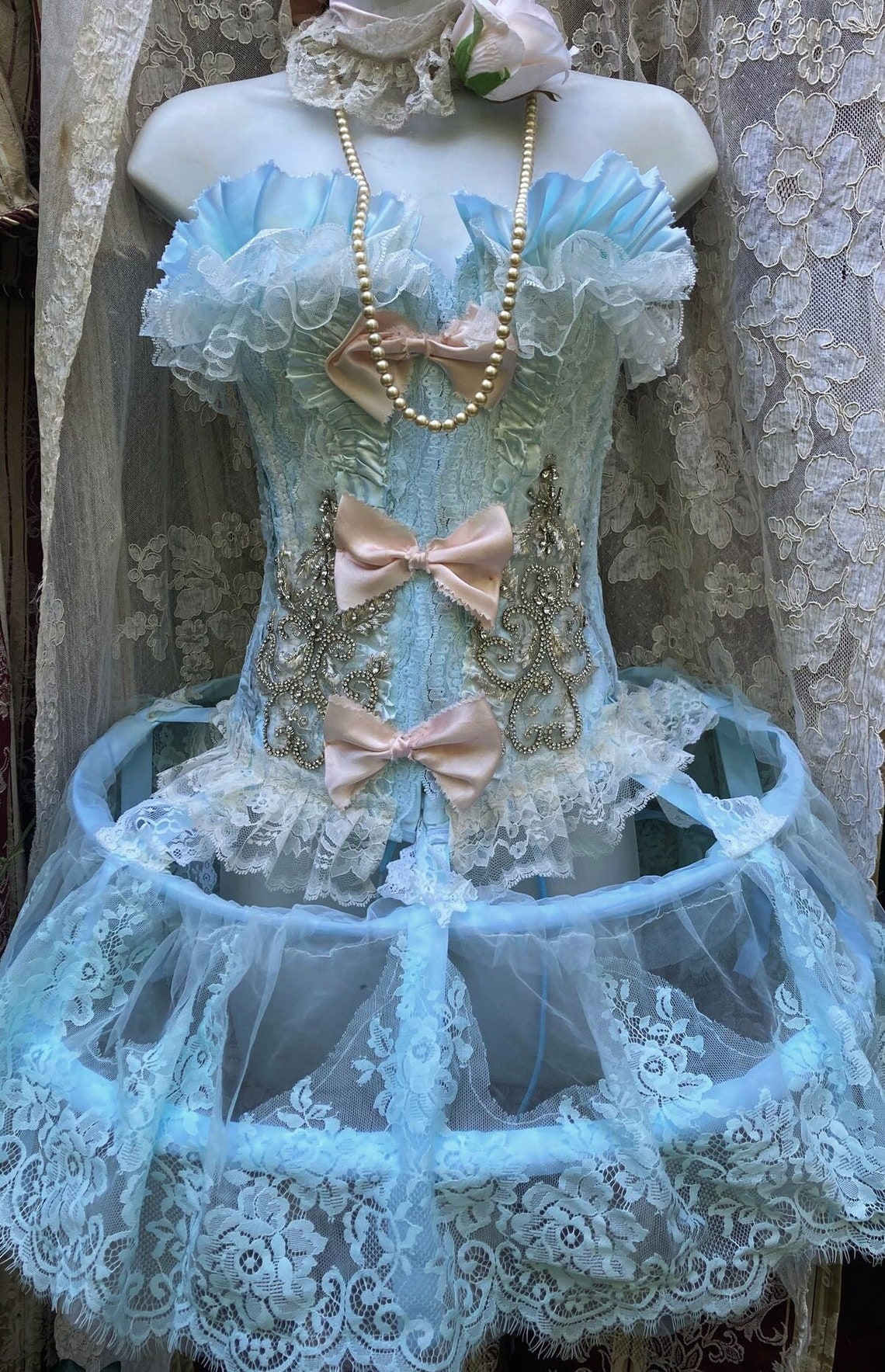 Blue Sparkle Corset Lace Pink Bows Marie Antoinette Rococo French ...