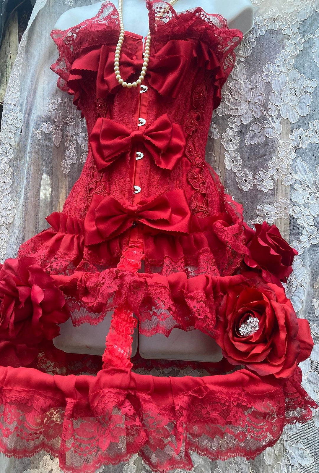 Red Marie Antoinette Costume Corset Cage Skirt Rococo Roses Bow ...