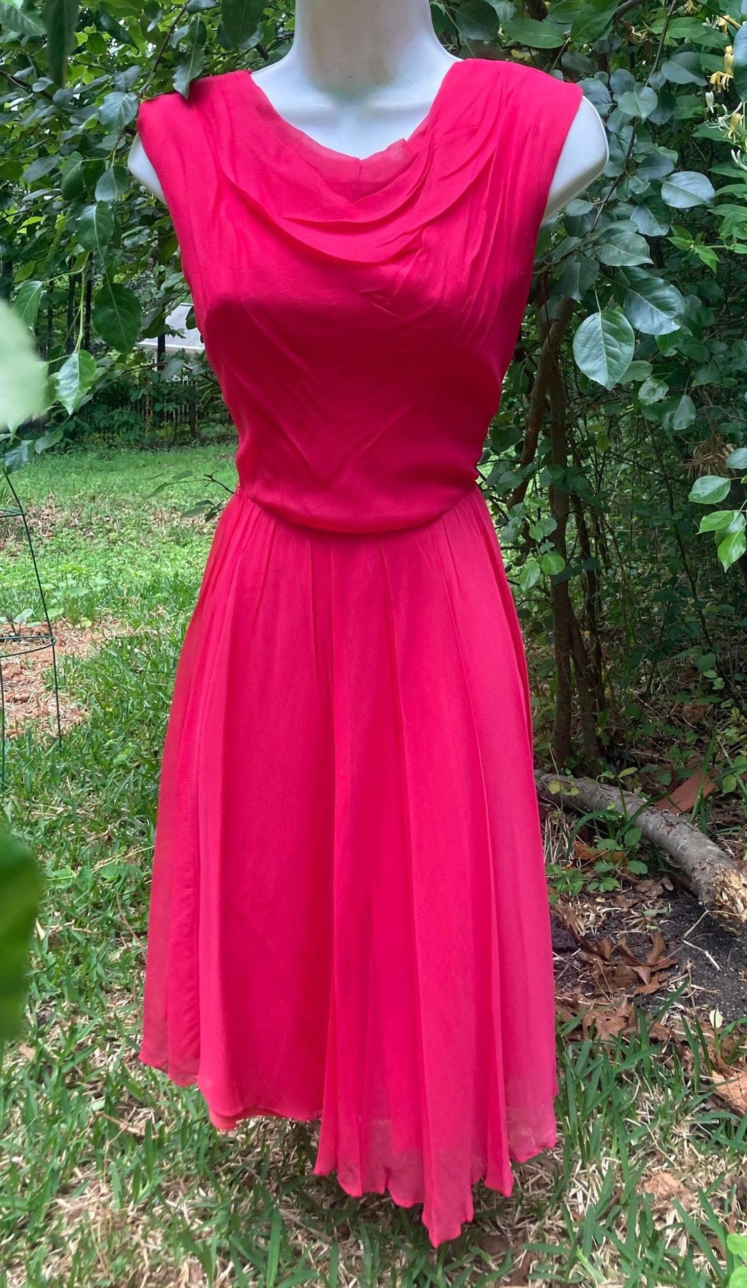 Pink 50s Dress Raspberry Silk Chiffon Vintage Summer Frock Small From ...
