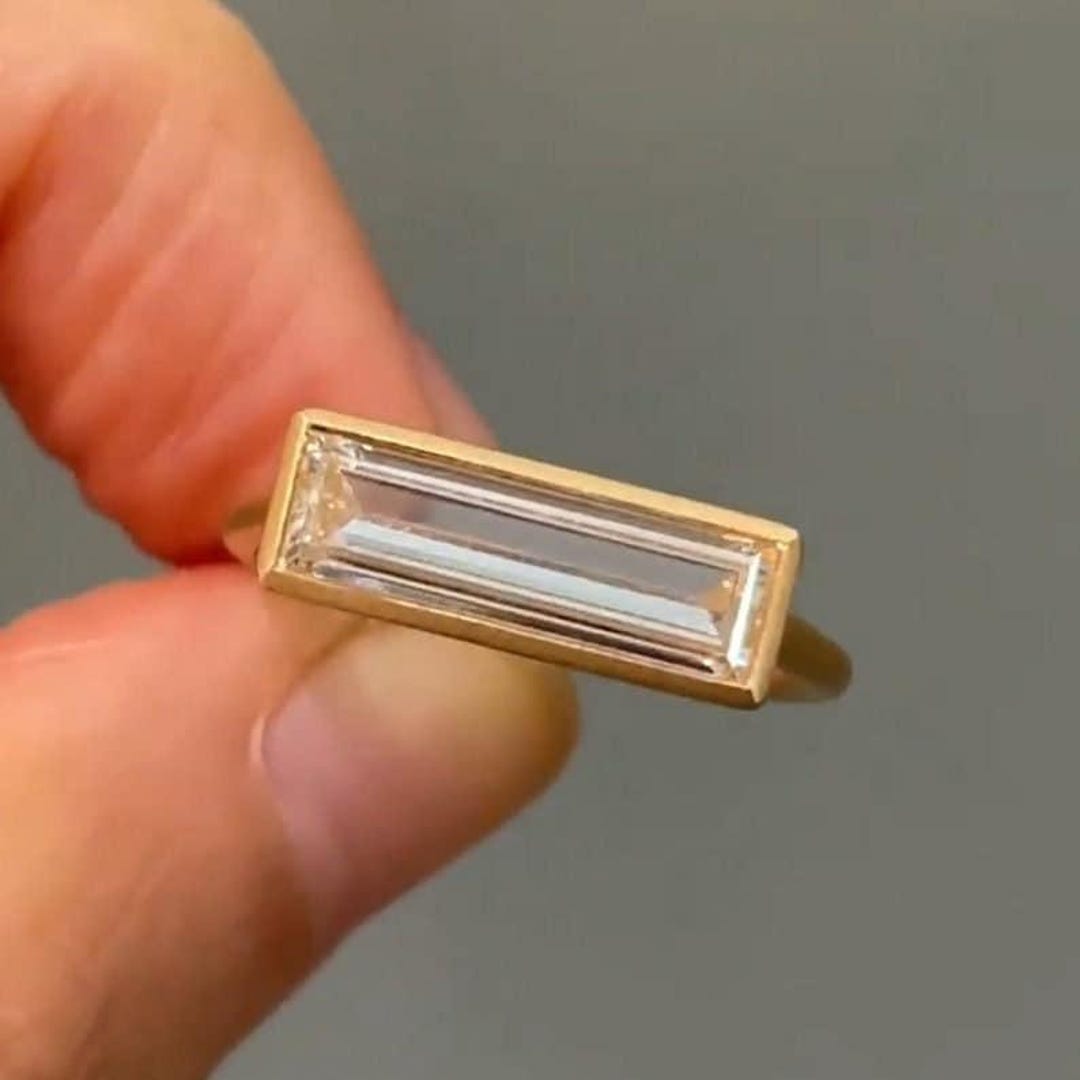 East to West Baguette Cut Ring, Long Baguette Cut Moissanite Engagement ...