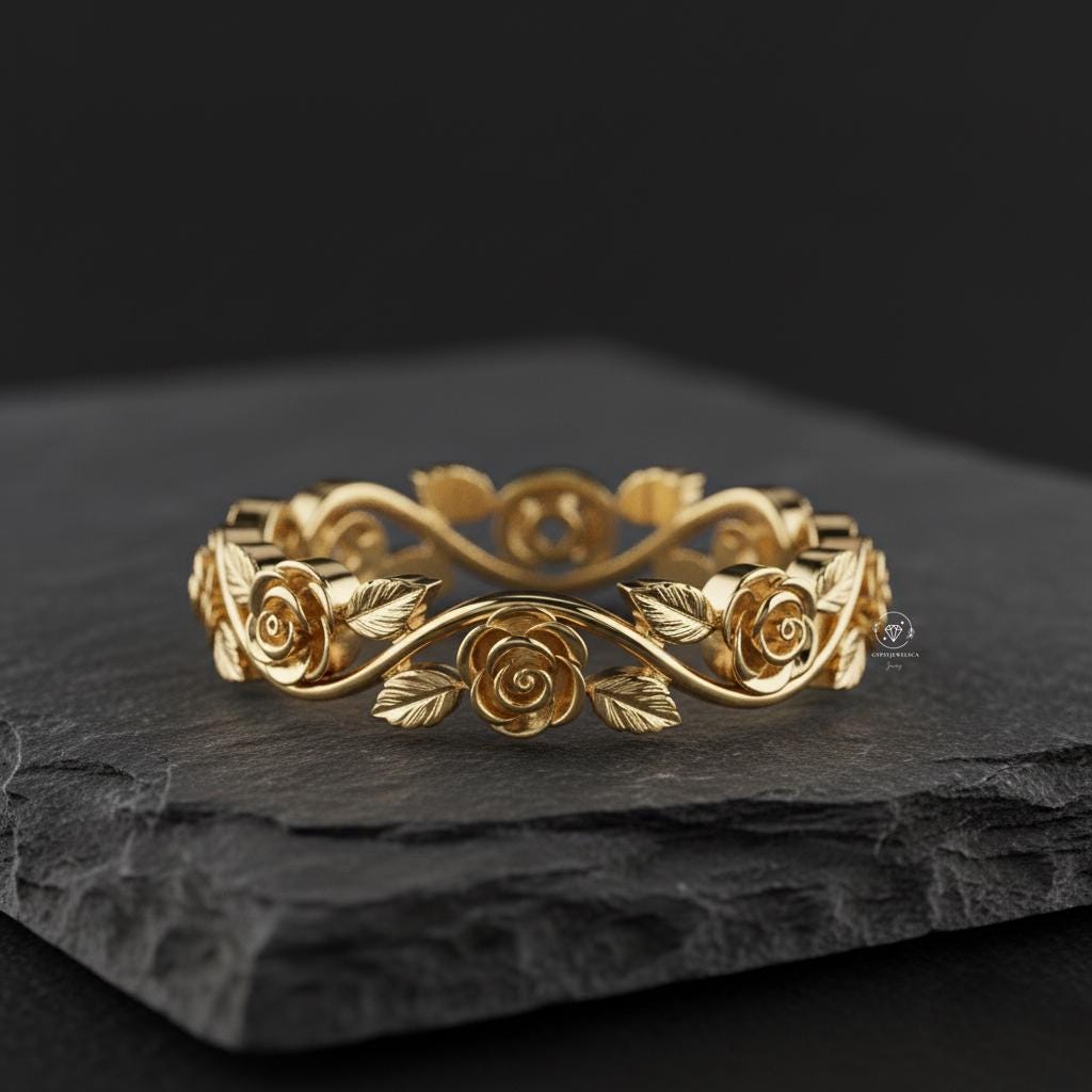 Vintage Art Leafy Vine Band, Rose Flower Wedding Band, Leaf Inspired ...